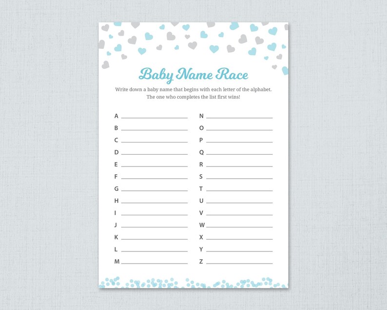 Baby Name Race Game Printable, Blue Hearts Confetti, Boy Baby Shower ...