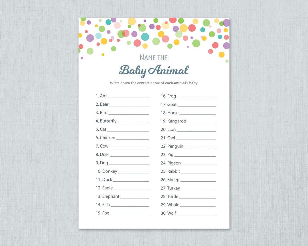 Name the Baby Animal, Rainbow Colors Baby Shower Games Printable, Name ...