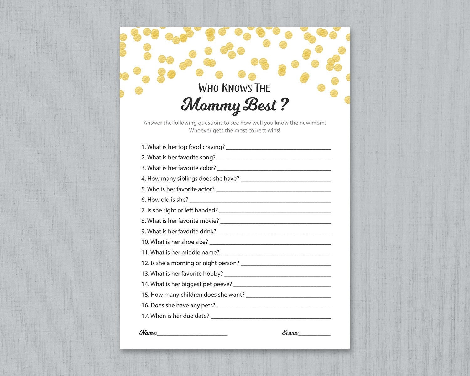 Who Knows Mommy Best, Baby Shower Game Printable, Gold Confetti, How ...