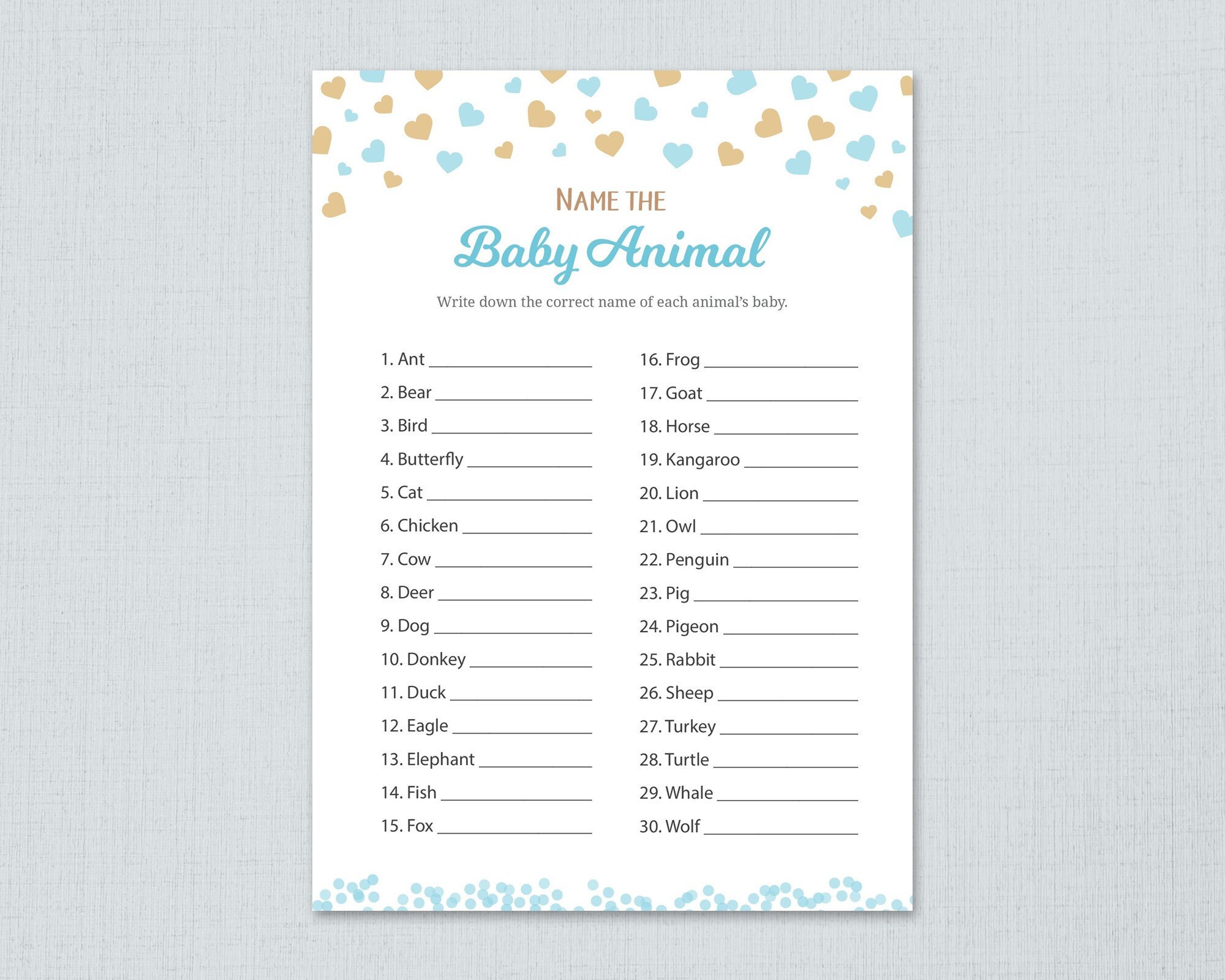 Name the Baby Animal, Gold Blue Hearts, Baby Shower Games Printable ...