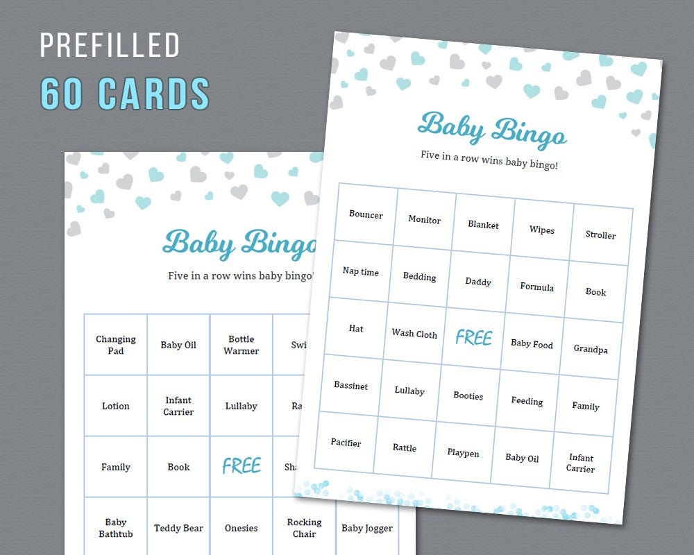 60 Baby Bingo Cards Printable Prefilled Baby Words Boy Baby | Etsy