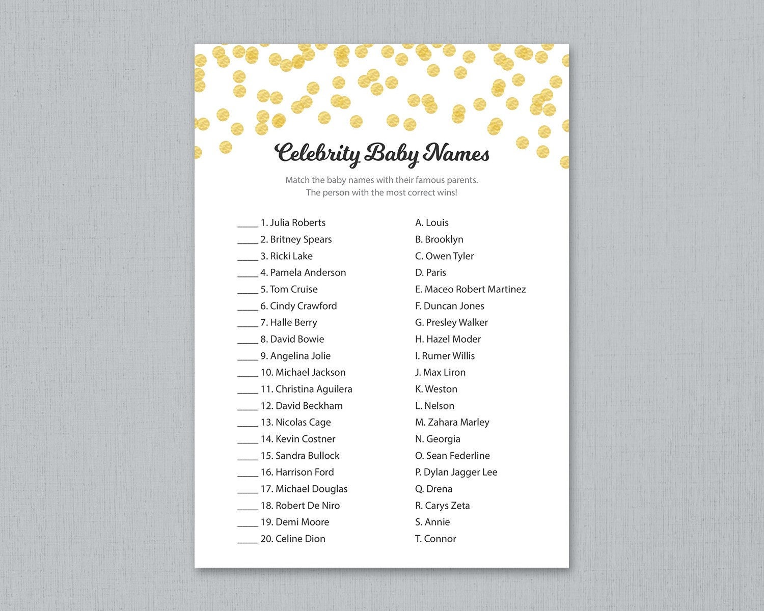 Celebrity Baby Name Match Game Printable, Gold Confetti, Baby Shower ...