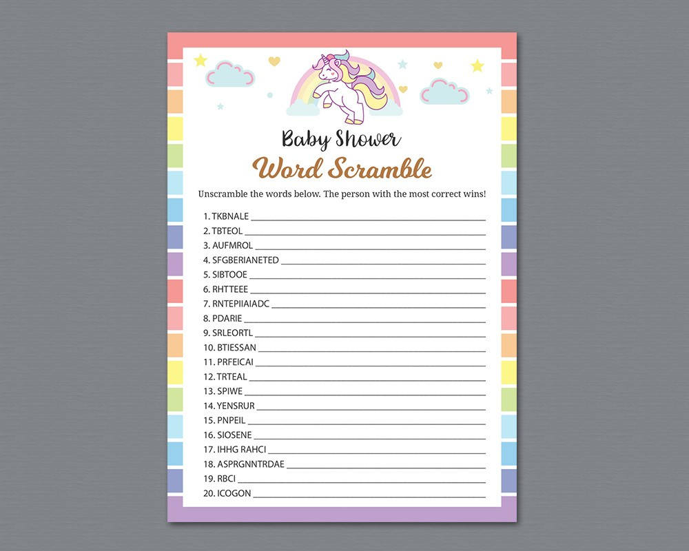 Word Scramble Game Printable, Baby Shower Games, Rainbow Unicorn, Baby ...
