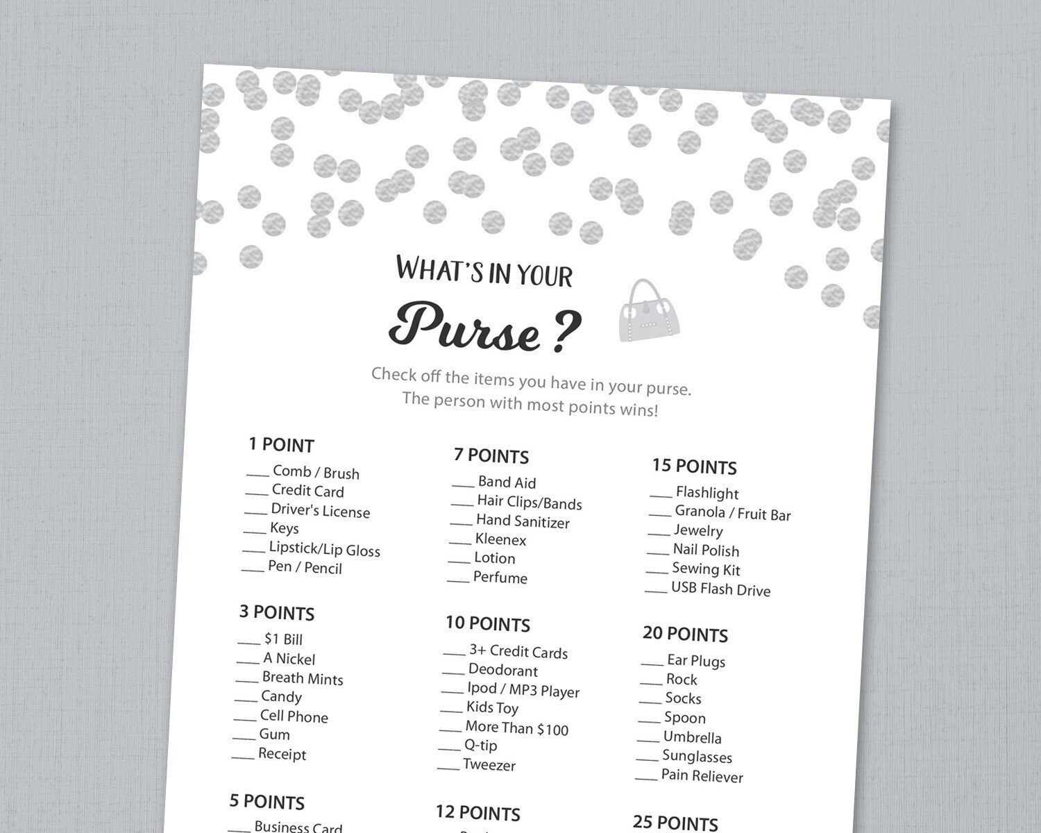 Whats in Your Purse, Baby Shower Games Printable, Silver Polka Dots ...