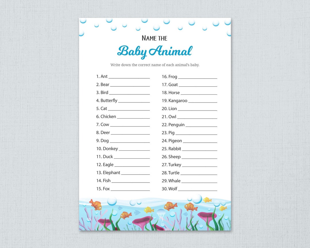 Name the Baby Animal, Under the Sea Baby Shower Games Printable, Name ...