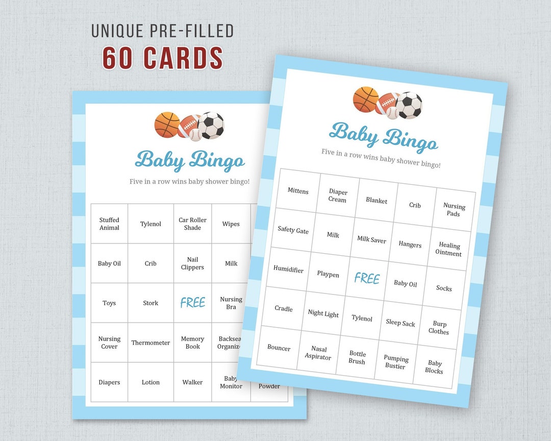 60 Baby Bingo Cards Printable, Pre-filled Words, Baby Shower Games ...