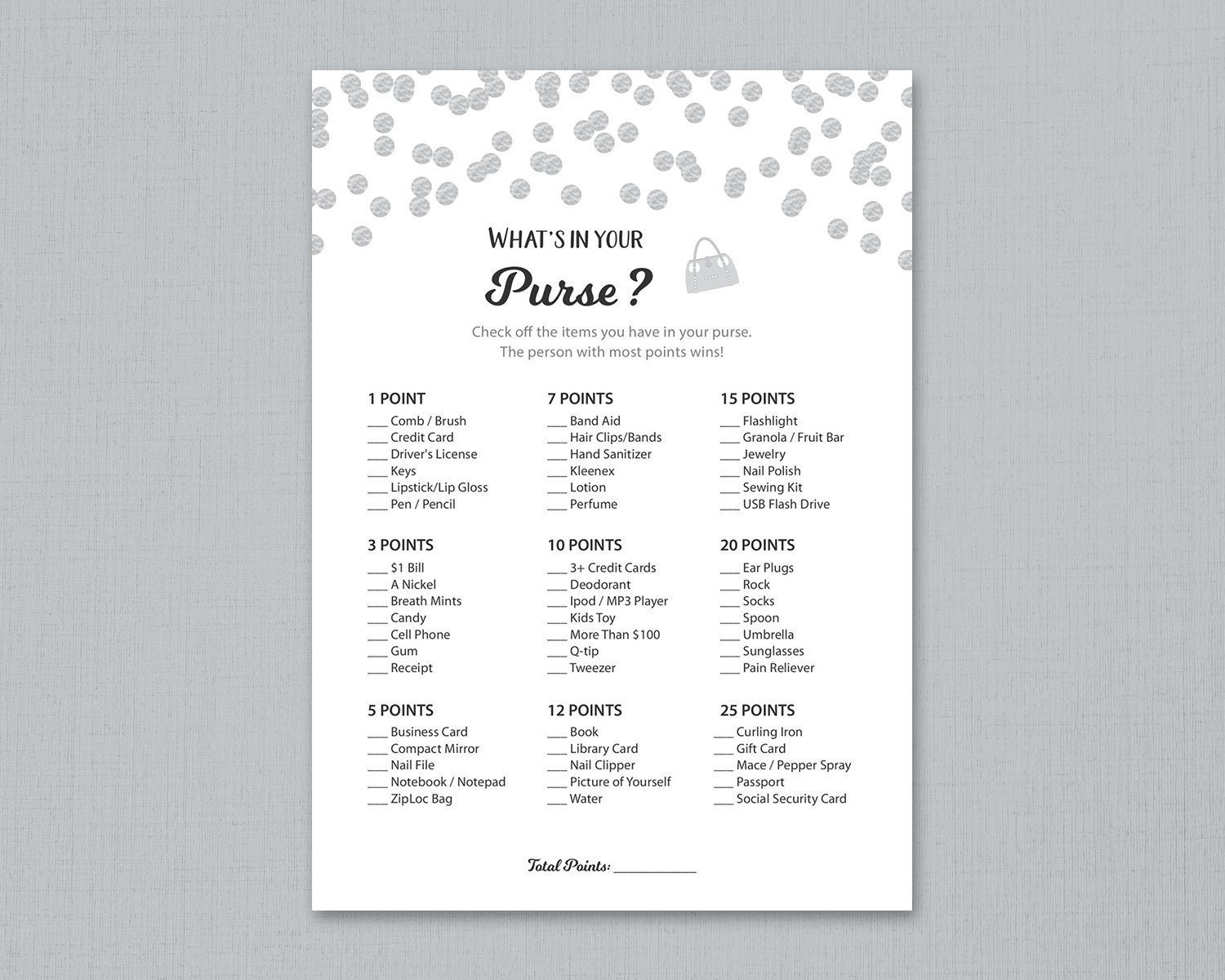 Whats in Your Purse, Baby Shower Games Printable, Silver Polka Dots ...