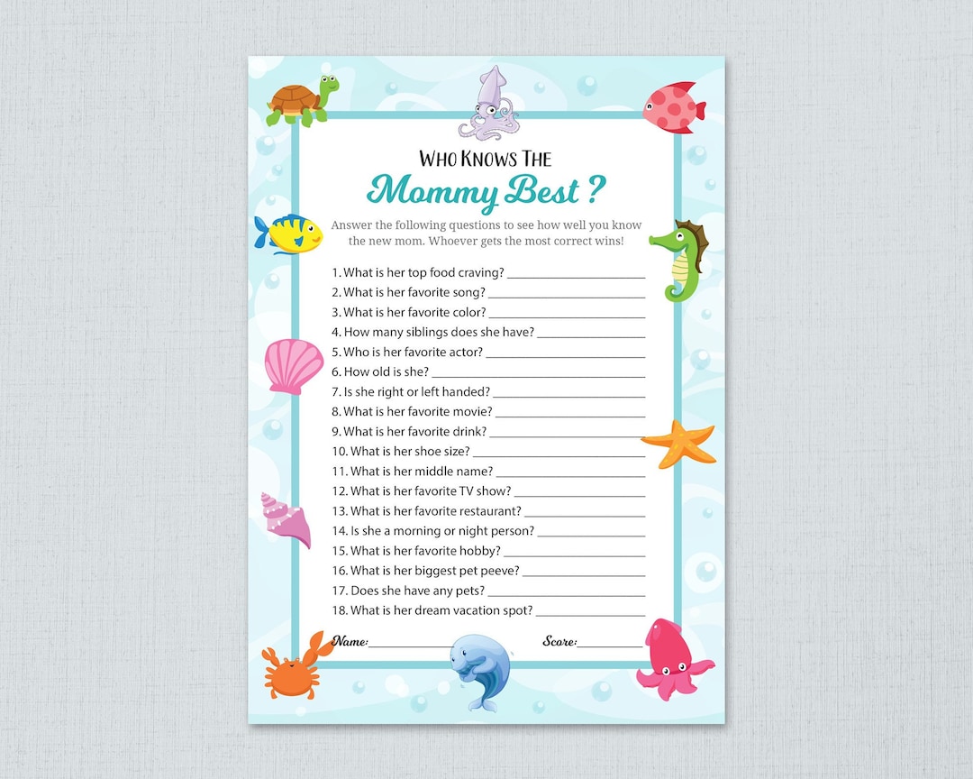 Ocean Theme Who Knows Mommy Best, Baby Shower Games, Cards Printable ...