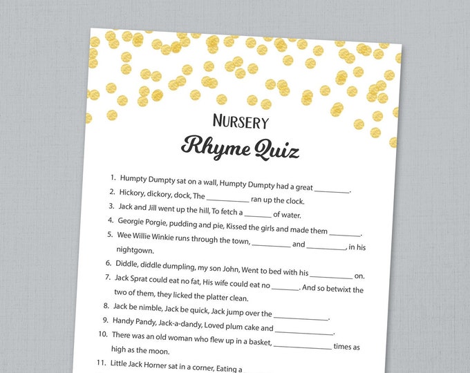 Nursery Rhyme Quiz, Baby Shower Games, Printable Baby Shower, Gold Baby ...