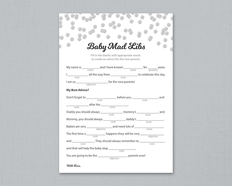 Baby Shower Mad Libs Printable, Advice for the New Parents, Grey ...
