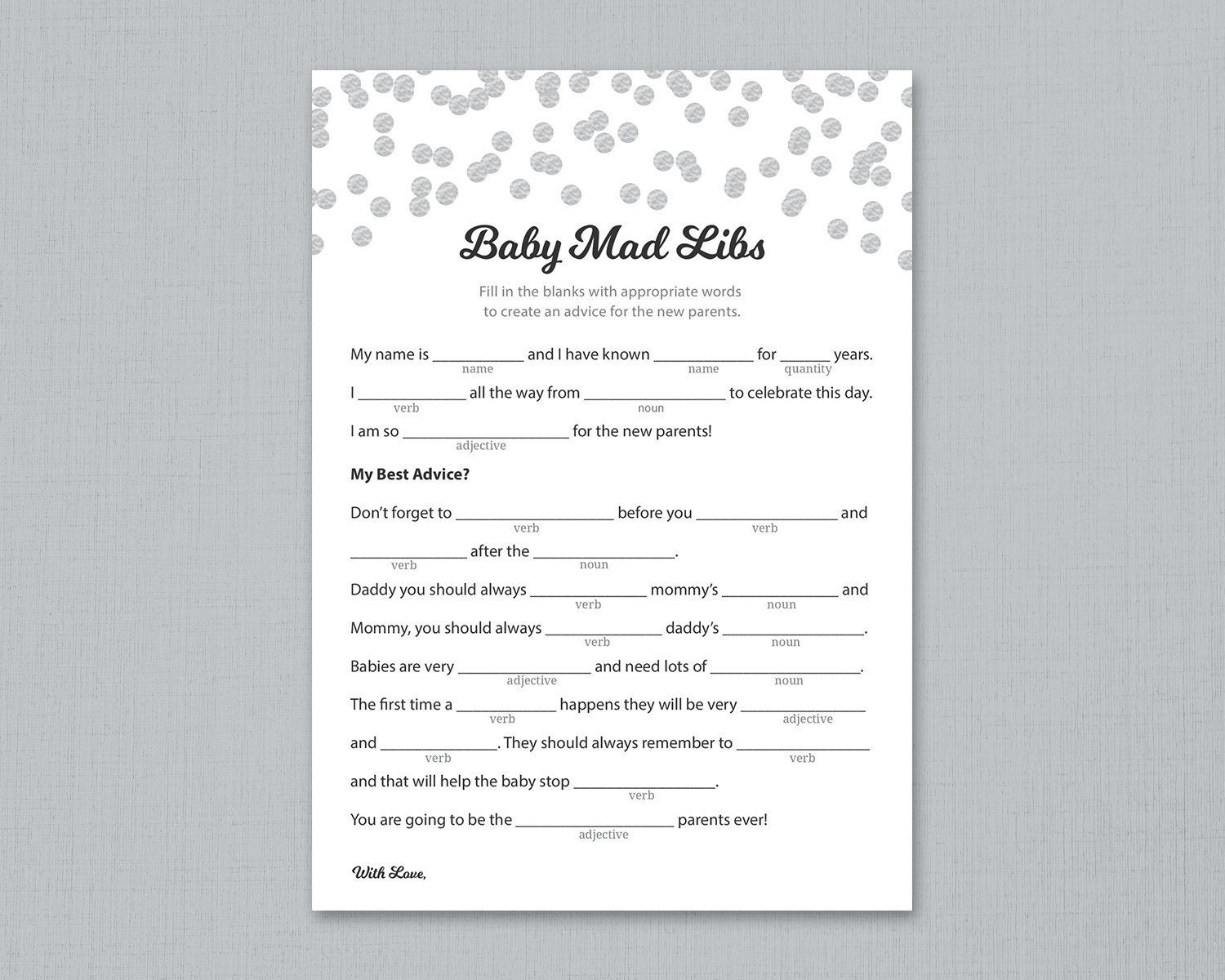 Baby Shower Mad Libs Printable, Advice for the New Parents, Grey ...