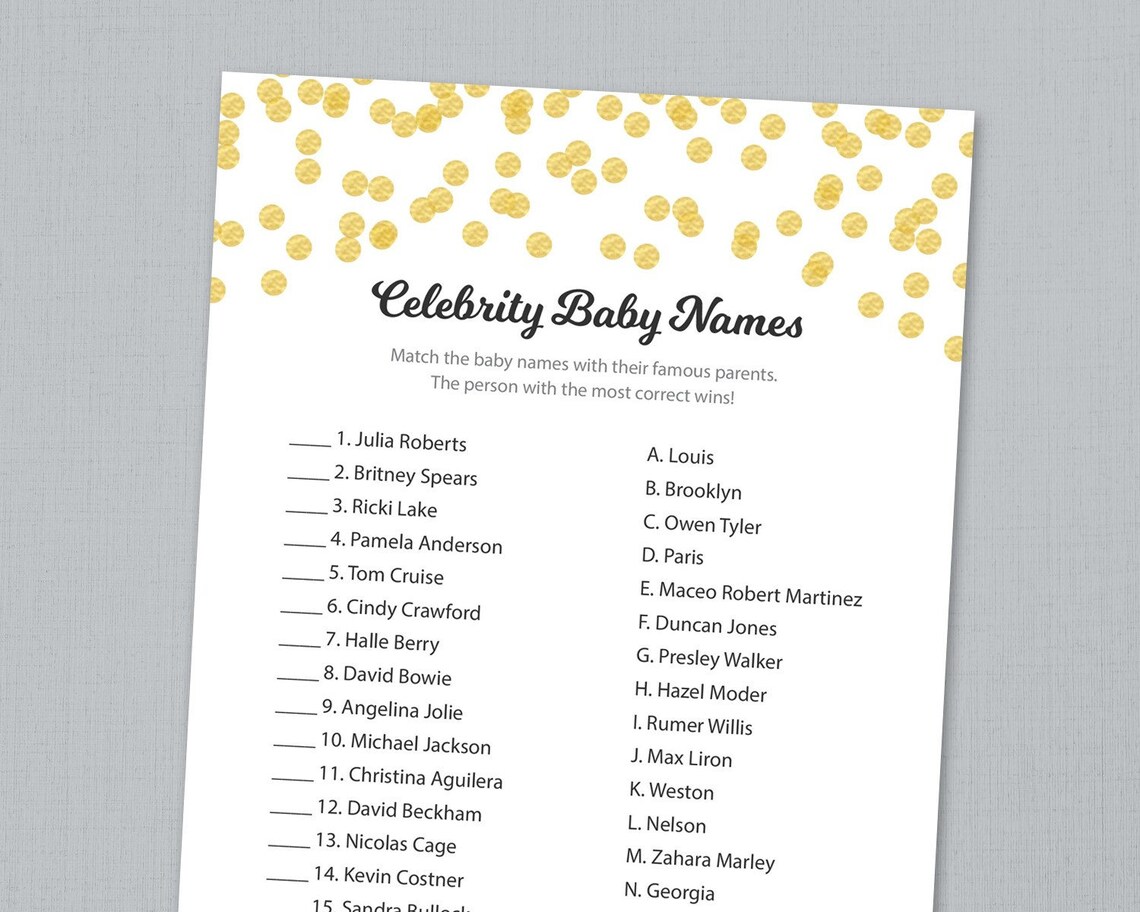 Celebrity Baby Name Match Game Printable, Gold Confetti, Baby Shower ...