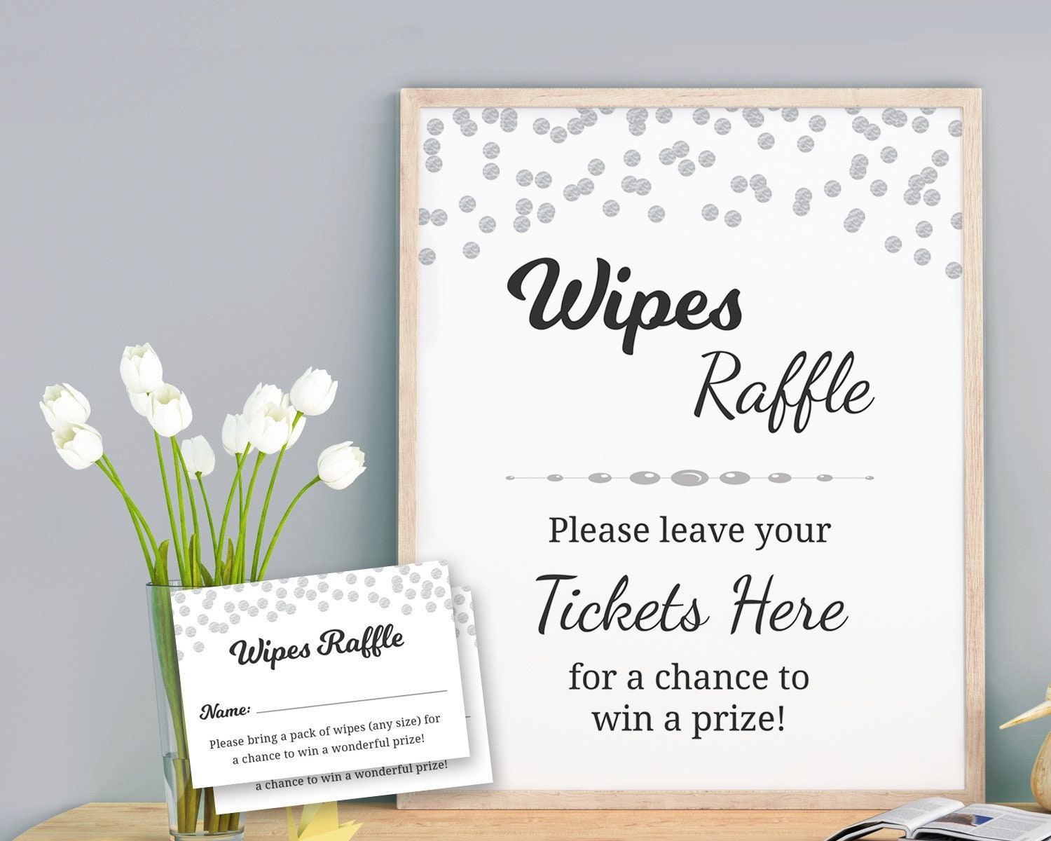 Baby Wipes Raffle Card & Tickets, Diaper Raffle Sign Printable, Silver ...
