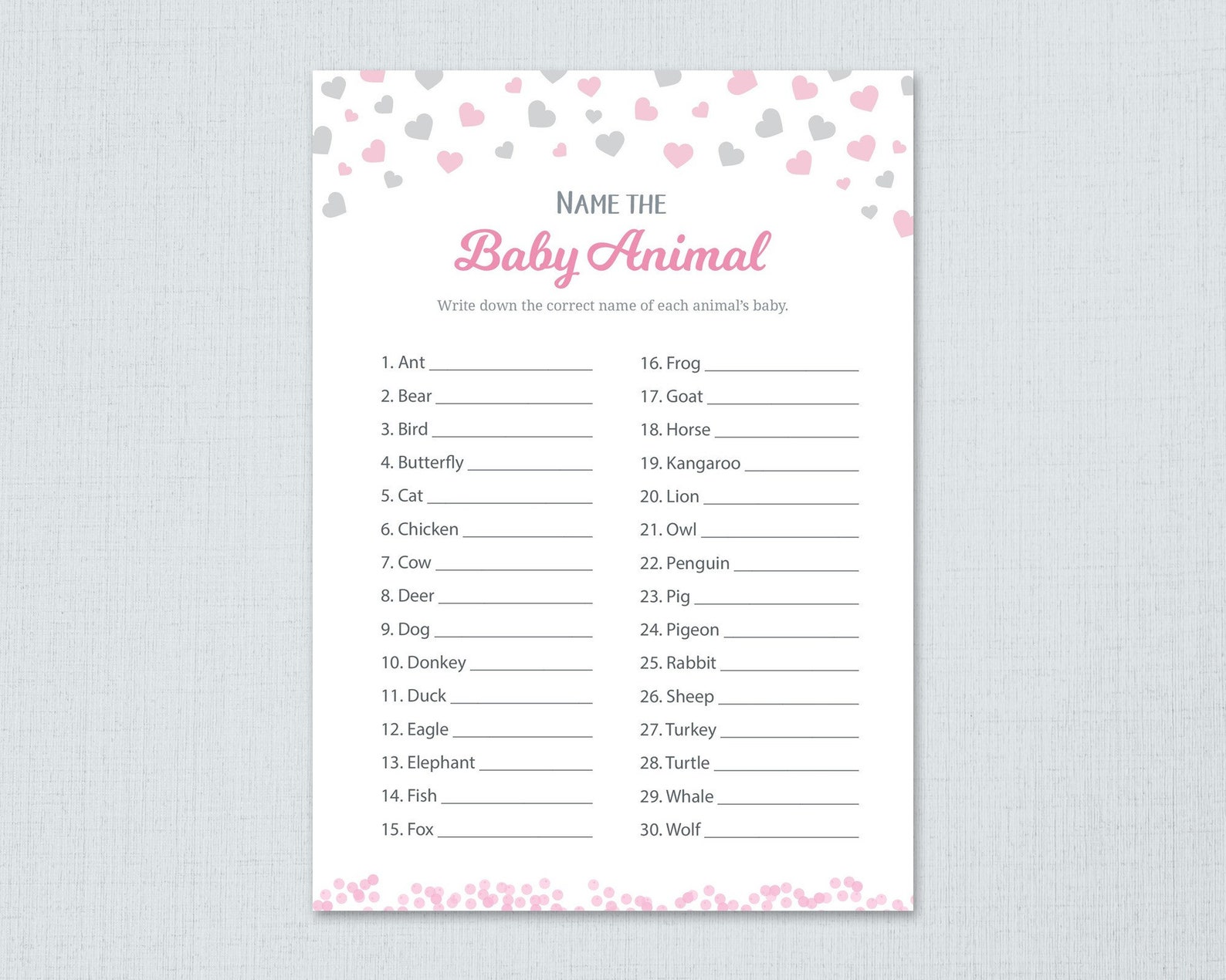 Name the Baby Animal, Silver Pink Hearts, Baby Shower Games Printable ...