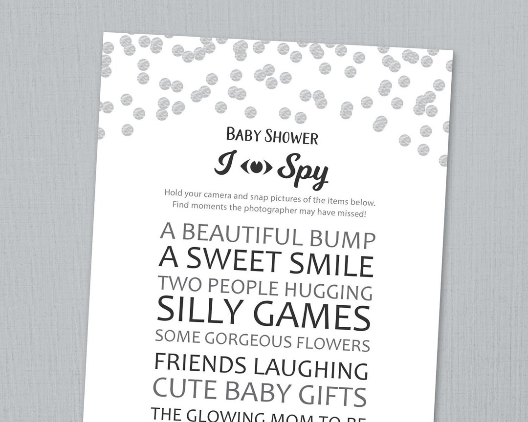 I-spy Baby Shower Games Printable, Silver Confetti Theme, Polka Dots ...