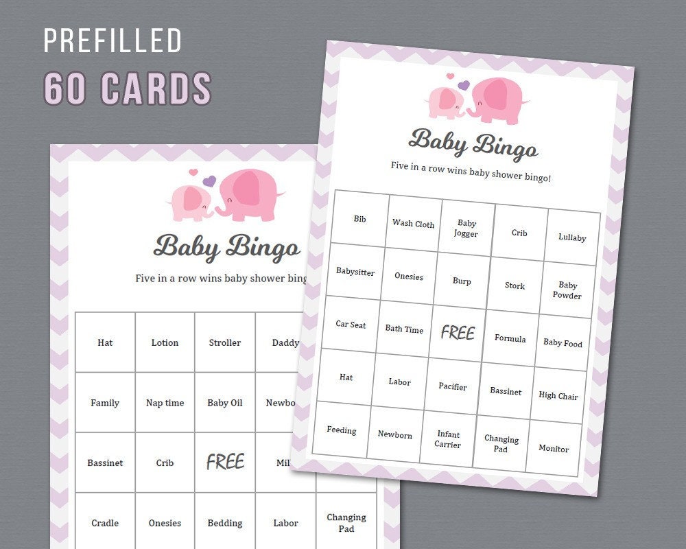 60 Elephant Baby Bingo Cards Printable, Prefilled Words, Pink Baby ...