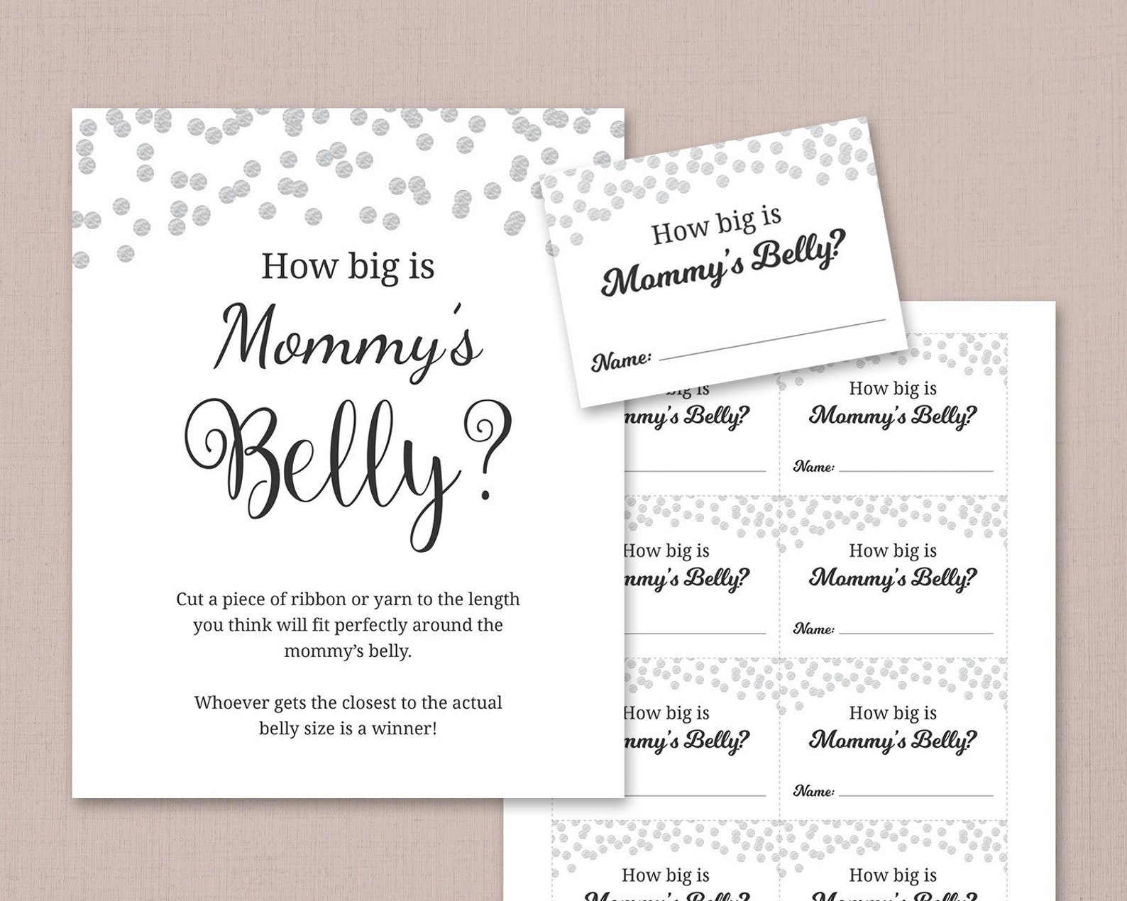 How Big is Mommy's Belly Printable, Silver Confetti Baby Shower Games ...