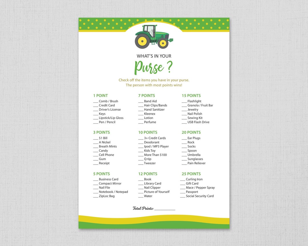 Whats in Your Purse, Boy Baby Shower Games Printable, Green Farm ...