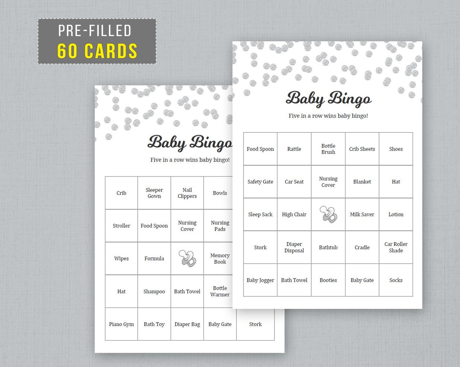 60 Unique Prefilled Baby Bingo Cards Printable, Silver Confetti Baby ...