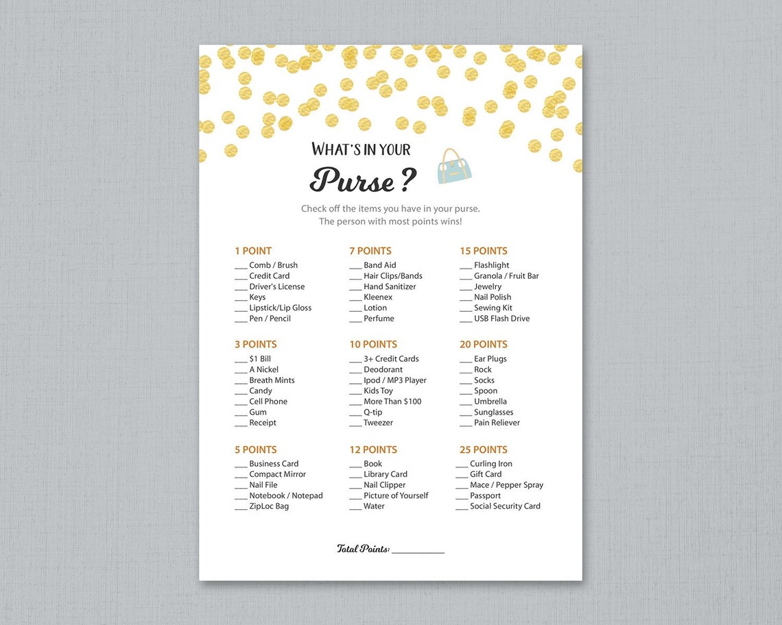 Whats in Your Purse, Baby Shower Games Printable, Gold Polka Dots ...