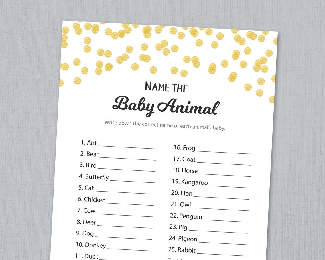 Name the Baby Animal, Gold Confetti Baby Shower Games Printable, Name ...