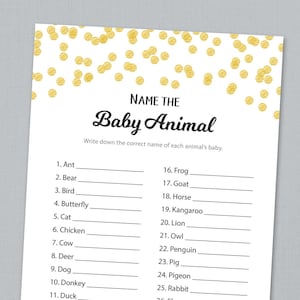 Name the Baby Animal, Gold Confetti Baby Shower Games Printable, Name ...