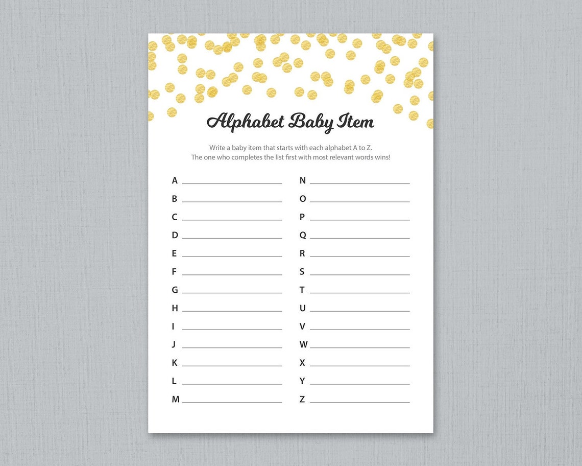 Alphabet Baby Item Game, ABC Baby Item, Gold Confetti Baby Shower Games ...