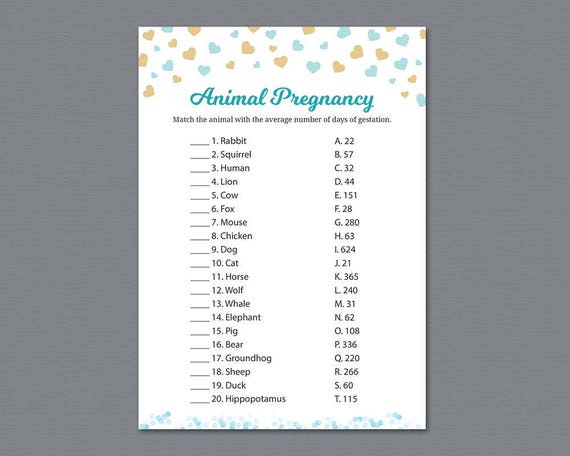 Animal Pregnancy Gestation Game Printable Blue Gold Hearts | Etsy