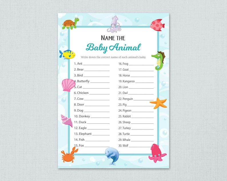 Name the Baby Animal, Under the Sea, Fish Baby Shower Games Printable ...
