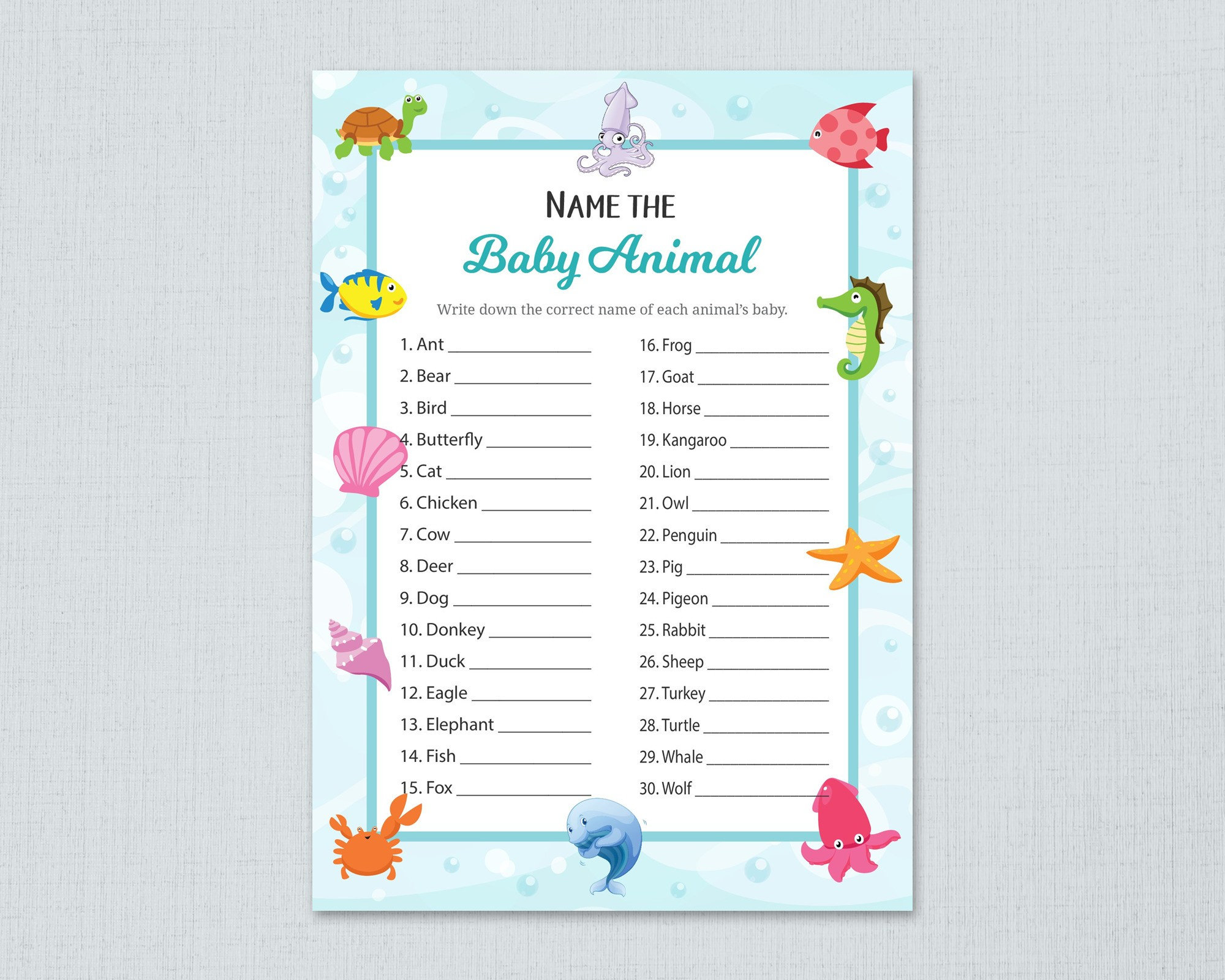 Name the Baby Animal, Under the Sea, Fish Baby Shower Games Printable ...
