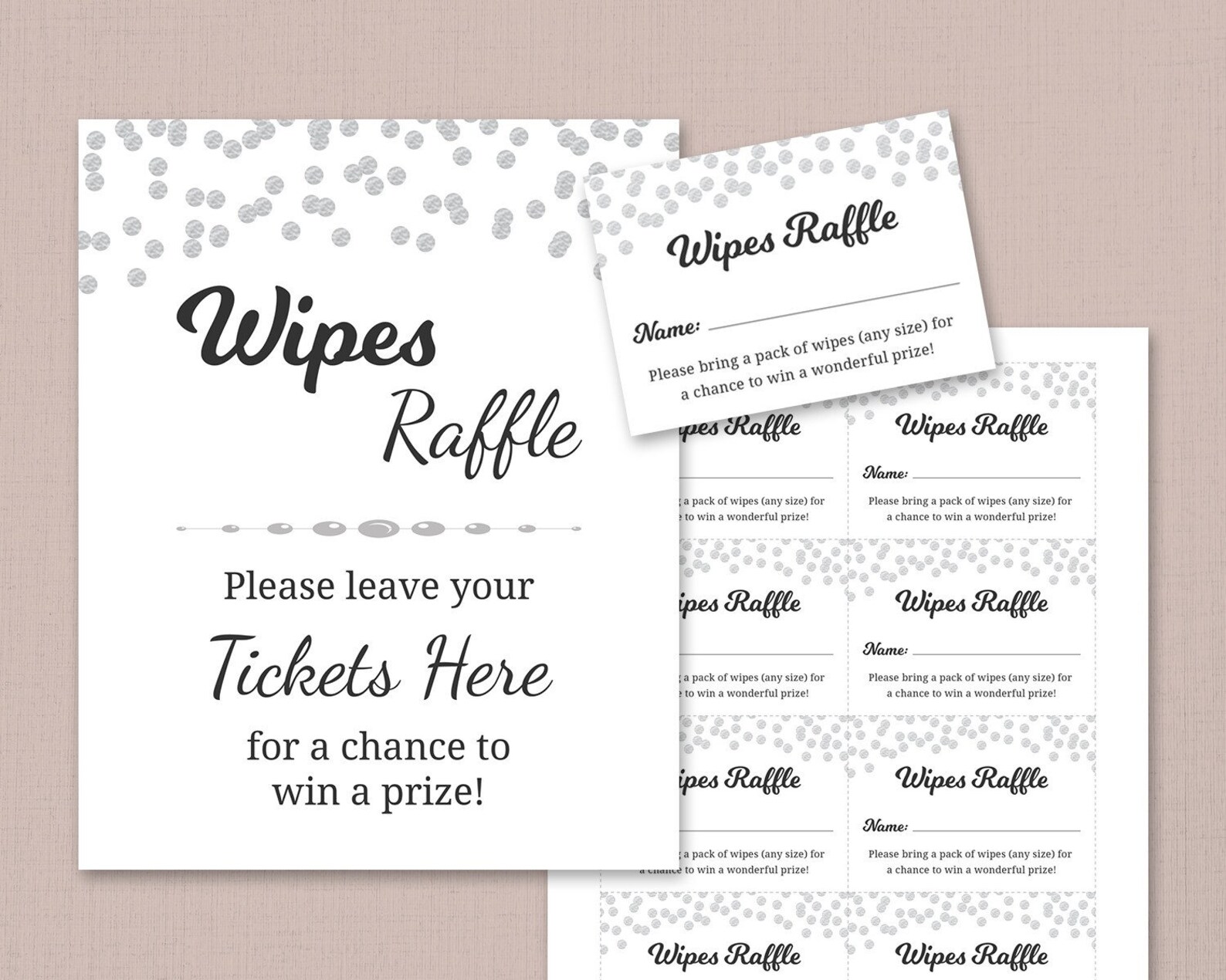 Baby Wipes Raffle Card & Tickets, Diaper Raffle Sign Printable, Silver ...