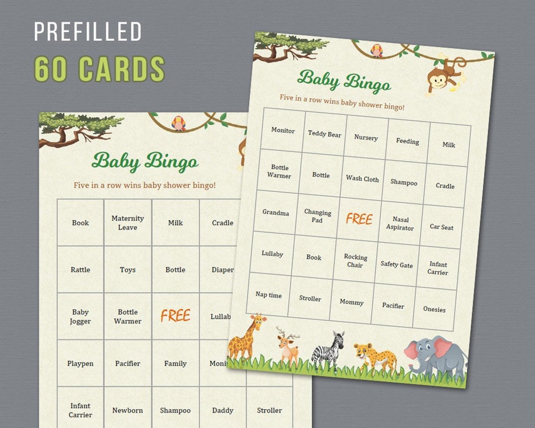 60 Safari Baby Bingo Cards Printable, Prefilled Words, Jungle Baby ...