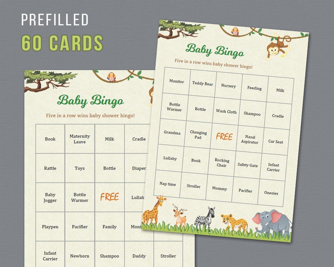 60 Safari Baby Bingo Cards Printable, Prefilled Words, Jungle Baby ...