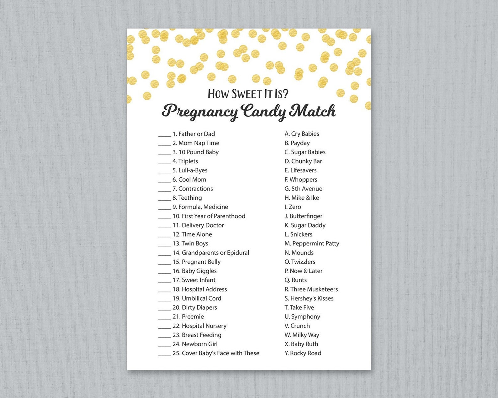Pregnancy Candy Match Game Printable, How Sweet It Is, Gold Confetti ...