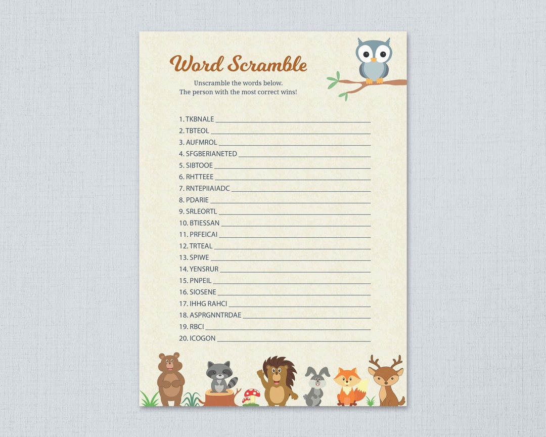 Word Scramble Game Printable, Woodland Baby Shower Games, Forest ...