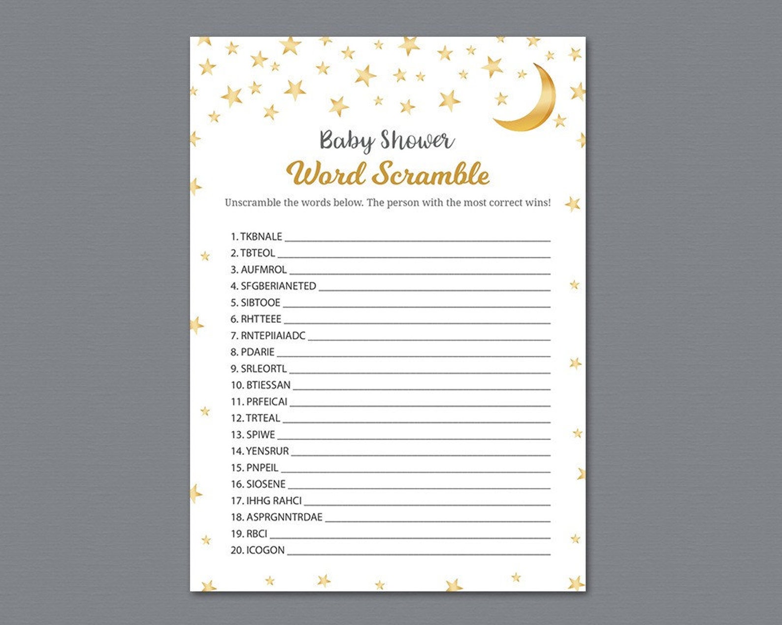 Gold Moon and Stars Baby Word Scramble Game Printable, Unisex Baby ...