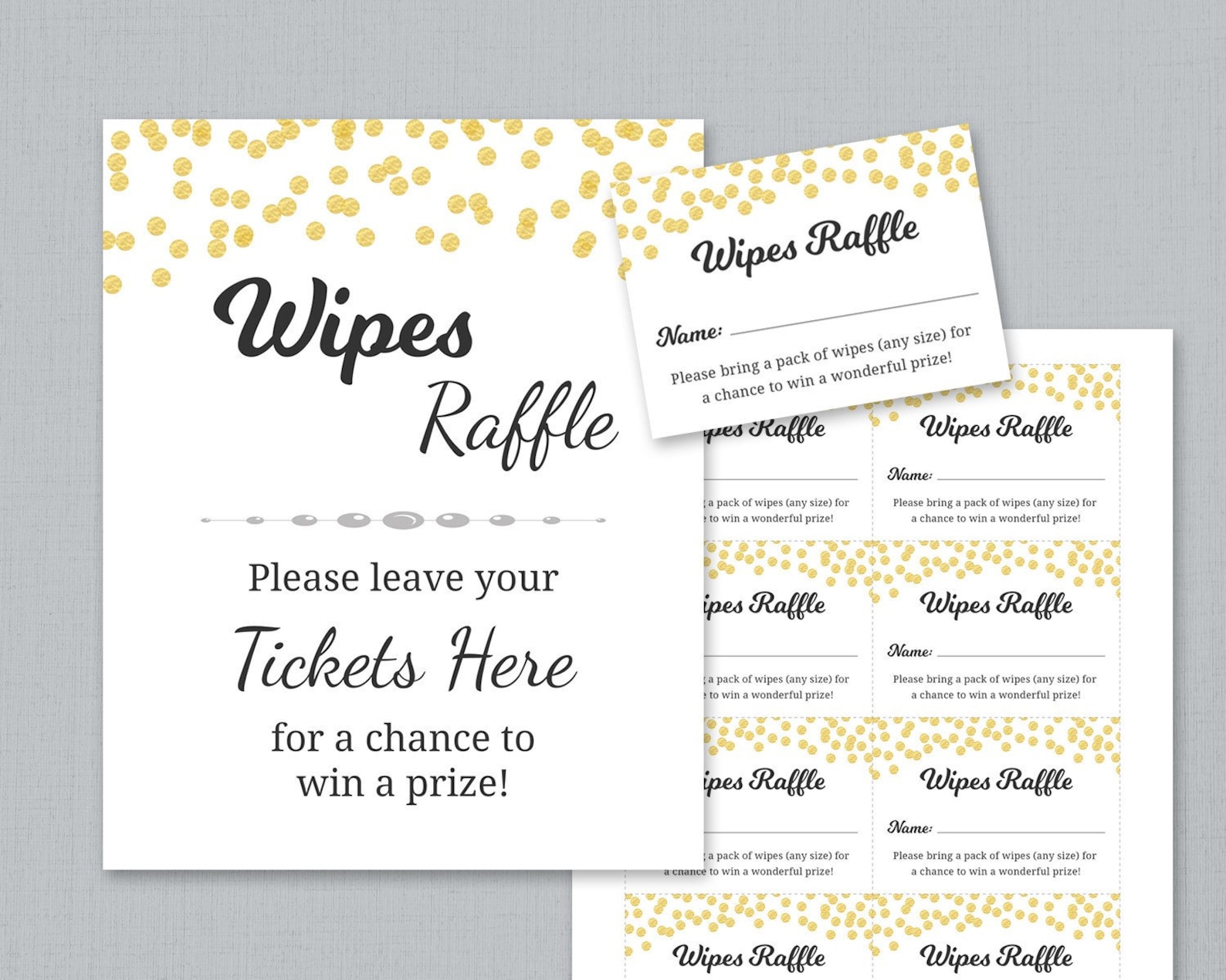Baby Wipes Raffle Card & Tickets, Diaper Raffle Sign Printable, Gold ...