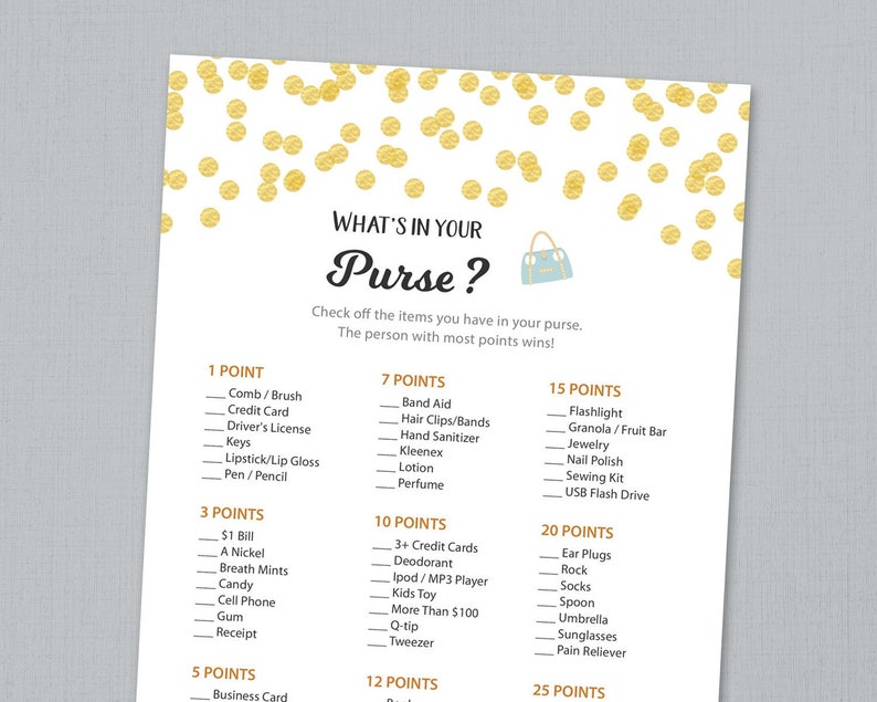 Whats in Your Purse, Baby Shower Games Printable, Gold Polka Dots ...