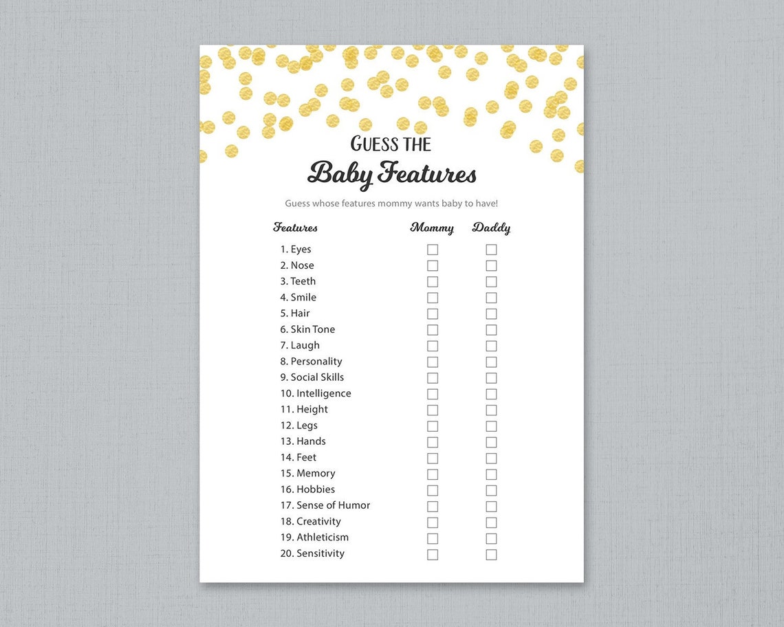 Guess the Baby Features Game Printable, Who Knows Mommy Best, Gold ...