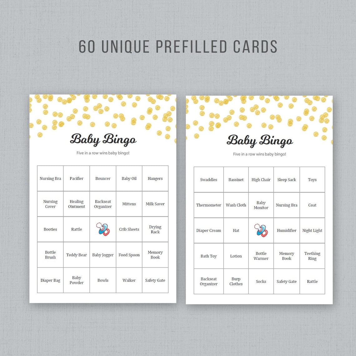 60 Unique Prefilled Baby Bingo Cards Printable, Gold Confetti Baby ...