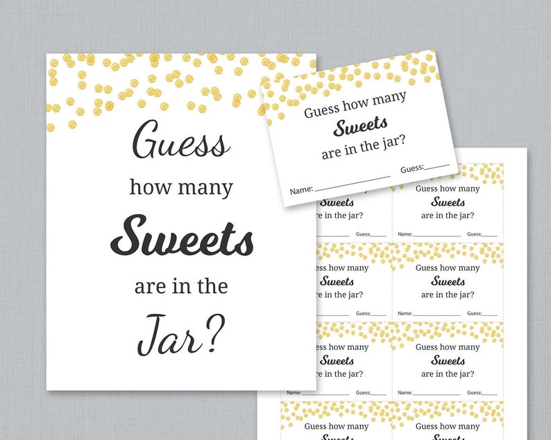 Sweets Guessing Game, Baby Shower Games Printable, Gold Confetti, Guess ...