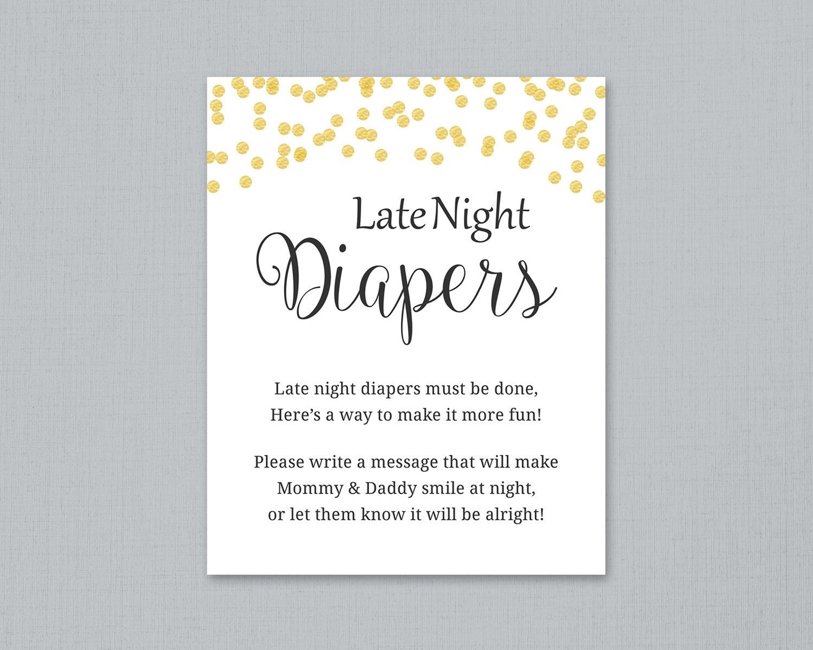 Late Night Diapers Sign, Diaper Thoughts Game Printable, Gold Confetti ...
