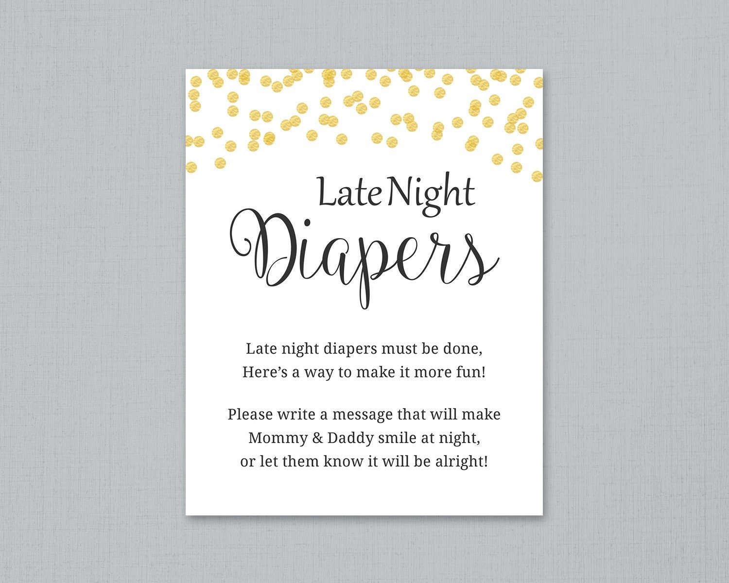 Late Night Diapers Sign, Diaper Thoughts Game Printable, Gold Confetti ...