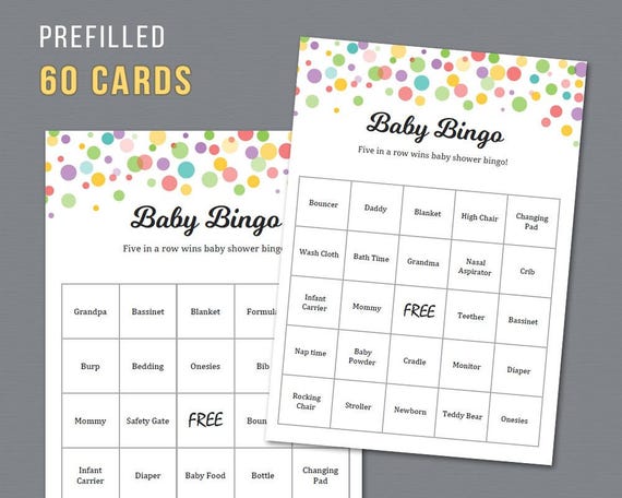 60 Baby Bingo Cards Printable Prefilled Words Baby Shower | Etsy