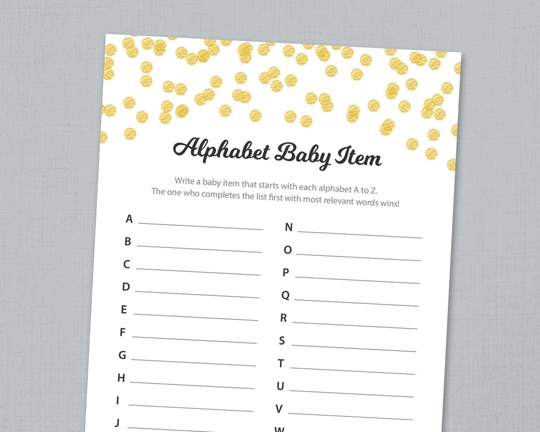 Alphabet Baby Item Game, ABC Baby Item, Gold Confetti Baby Shower Games ...