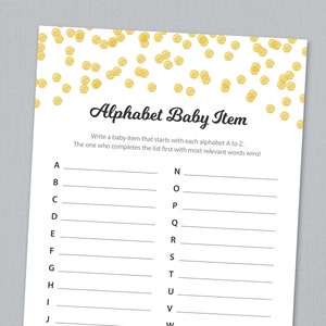 Alphabet Baby Item Game, ABC Baby Item, Gold Confetti Baby Shower Games ...