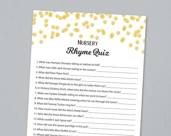 Nursery Rhyme Quiz, Baby Shower Games, Printable Baby Shower, Gold Baby ...
