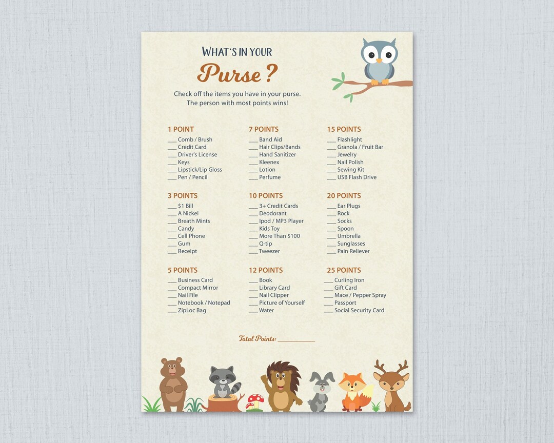 Whats in Your Purse, Woodland Baby Shower Games Printable, Forest ...