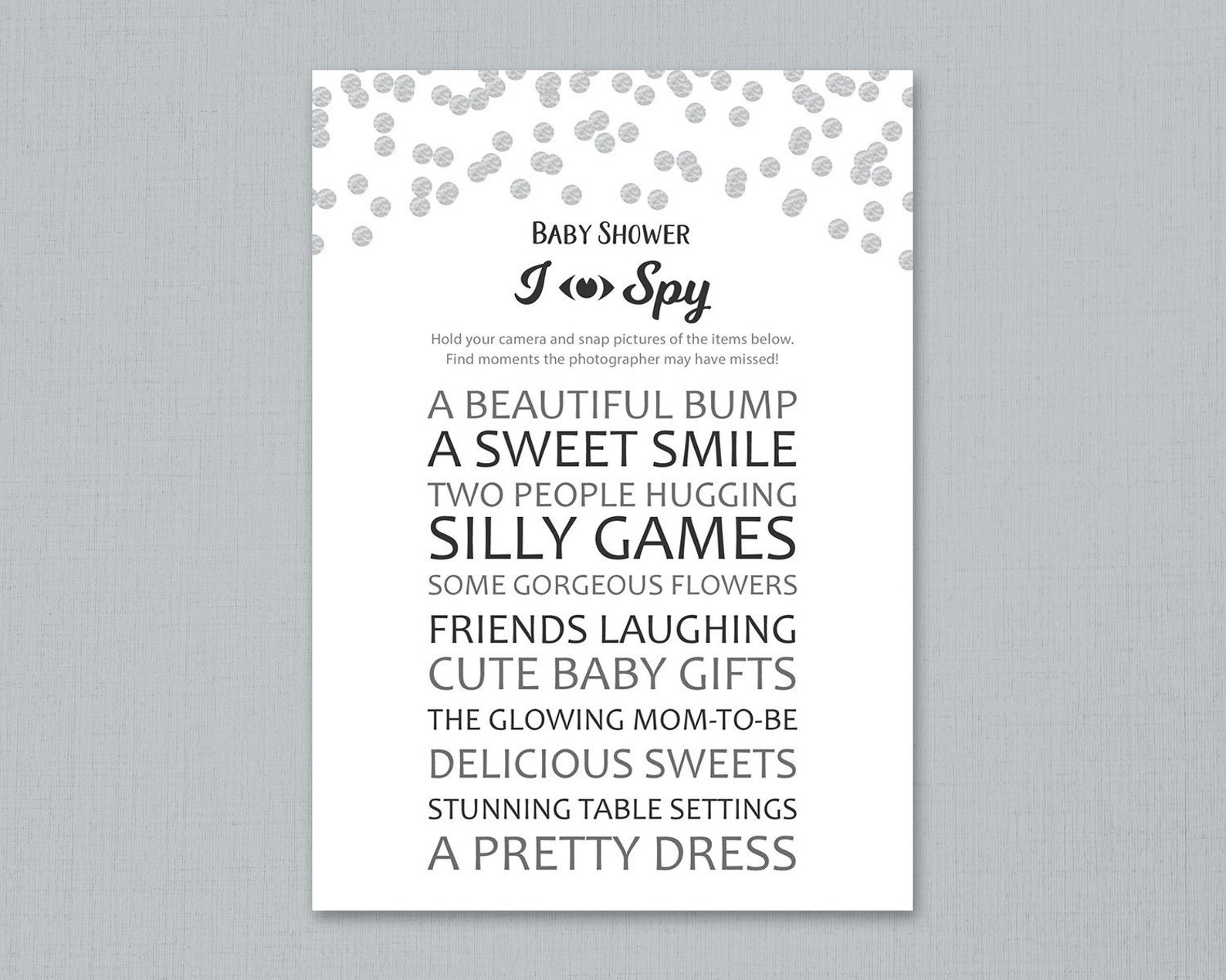 I-spy Baby Shower Games Printable, Silver Confetti Theme, Polka Dots ...