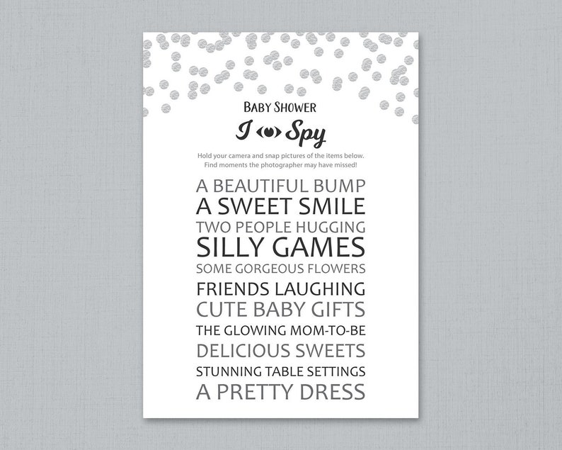 I-spy Baby Shower Games Printable, Silver Confetti Theme, Polka Dots ...